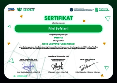 Sertifikat : Peserta Deep Learning Fundamental - Repository Universitas Putra Indonesia "YPTK"